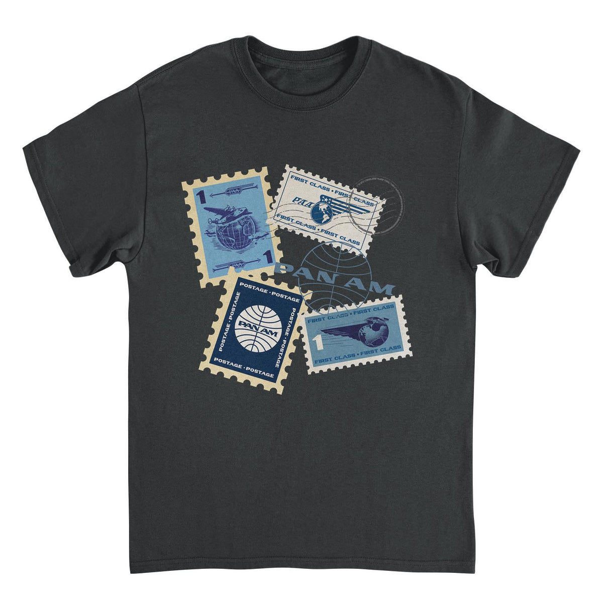 Wholesale Pan Am Postage Stamps Montage Black T-Shirt – Merch Showroom