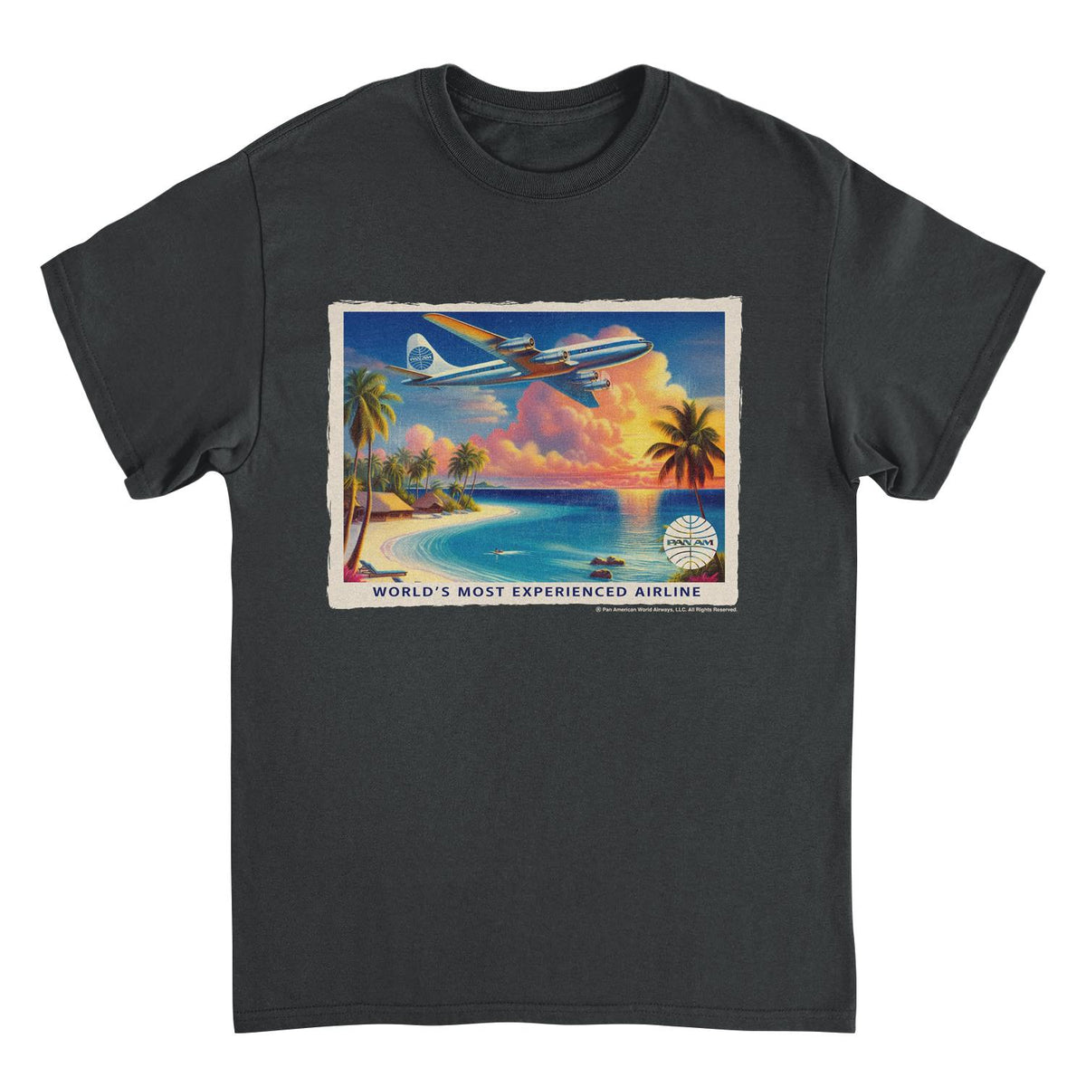 Wholesale Pan Am Vintage Beach Plane Scene Black T-Shirt – Merch Showroom