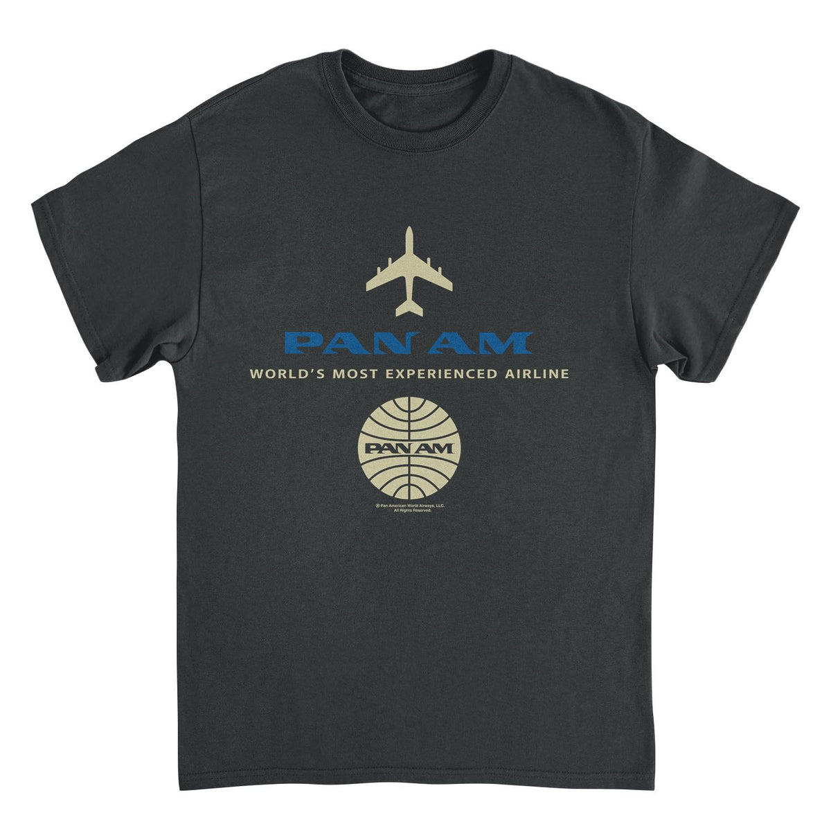 Wholesale Pan Am Blue Gold Retro Logo Black T-Shirt – Merch Showroom